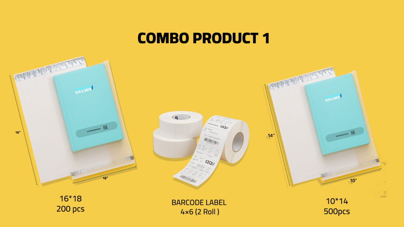 Valmo Branded Combo 1: 10x14 (500pcs), 16x18 (200pcs) & 4x6" (2 Roll ...